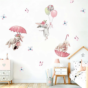 Cute Pink Bunny Butterfly Wall Stickers, sacinora Cartoon Little Rabbit Animal DIY Wall Decals Removable Vinyl Peel and Stick for Girl Kids Nursery Living Room Bedroom Children's Room Art Decorations