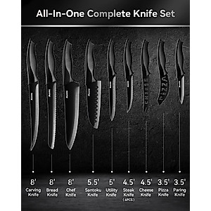 MIDONE Knife Set with Block, 17 Pieces Kitchen Knife Set with Built in Knife Sharpener Block, German Stainless Steel Knife Block Set, Elegant Black