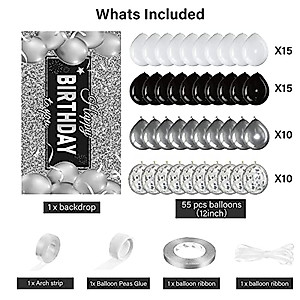Black and Silver Birthday Party Decorations Black Silver Balloons Arch Garland Kit Silver Black Birthday Photography Backdrop Banner for Kids Adults Anniversary Birthday Party Supplies Decor