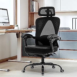 Ergonomic Office Chair, Reclining High Back Mesh Chair with Lumbar Support PU Leather Home Task Desk Chair with Headrest and Footrest Computer Executive Desk Chair with Padded Armrests,Black