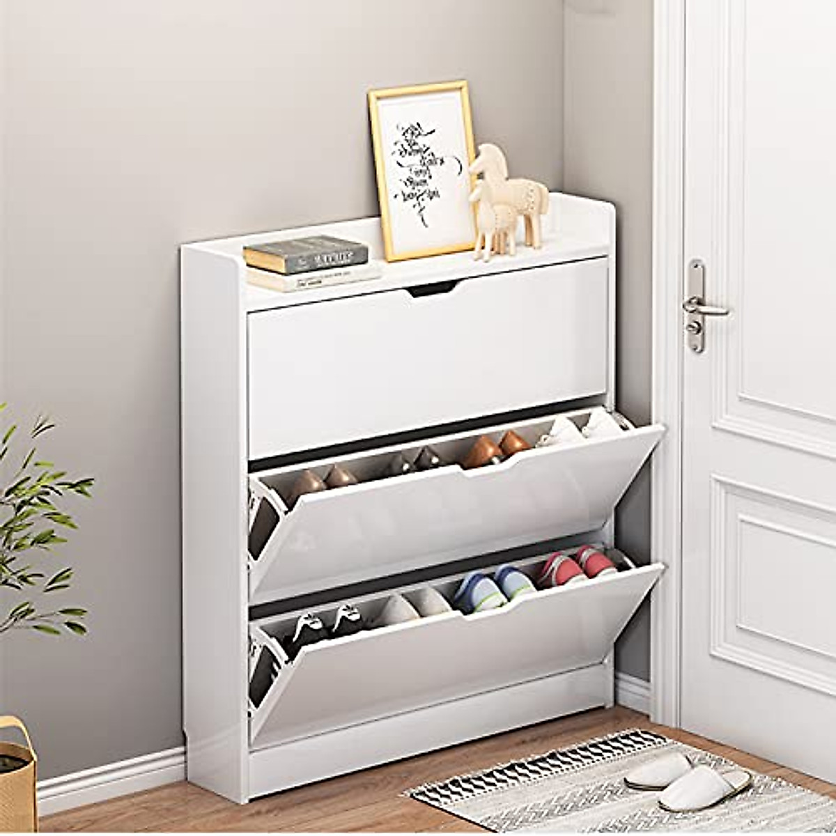MYSNKU Shoe Cabinet Entryway White Narrow Shoe Storage Cabinet Flip Down Shoe Rack Wood 3 Tier Shoe Organizer Home and Apartment (White, 19.68x45.66)