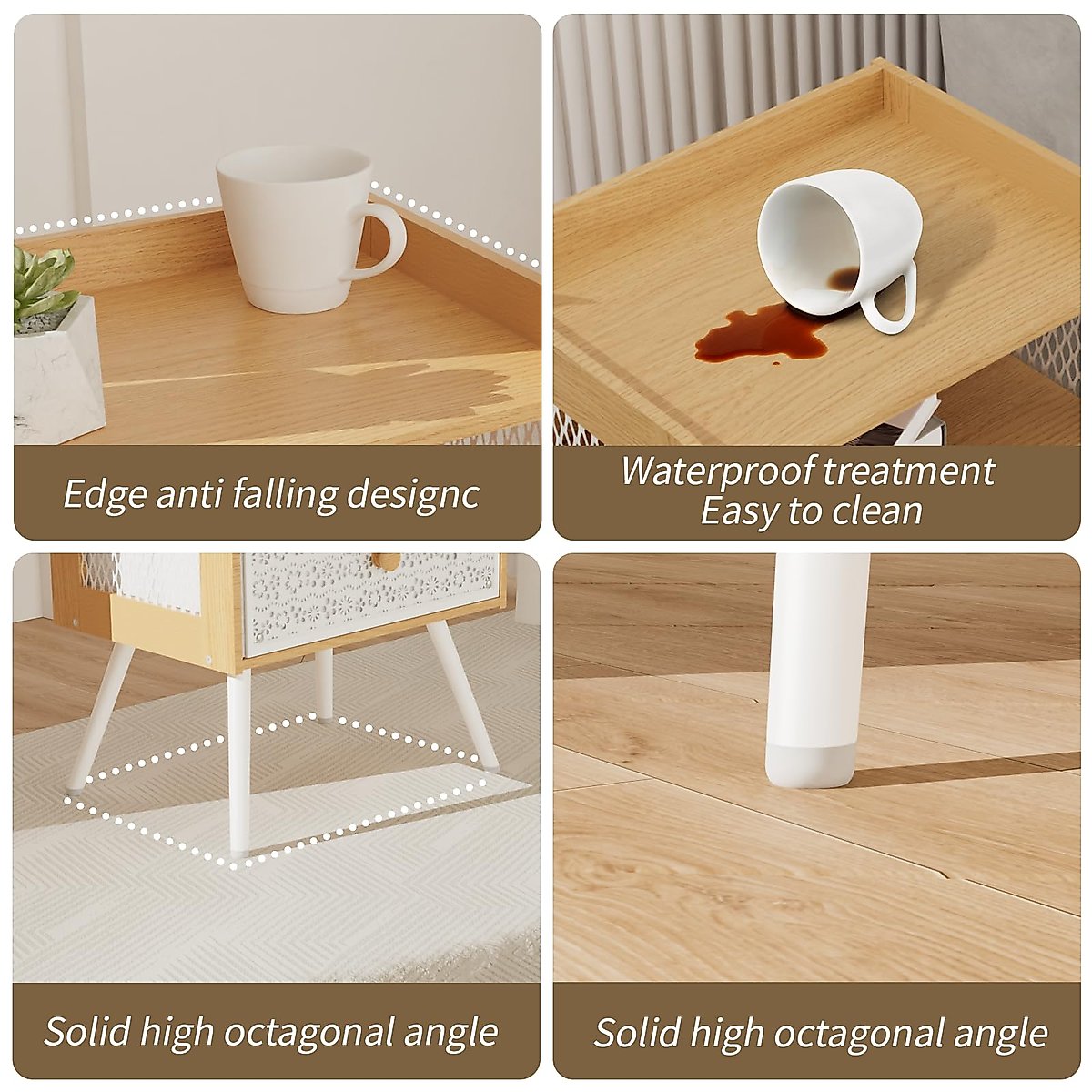 Nightstand, Bedside Table with Metal Drawers, End Table with Open Shelf, 2-Tier Open Adjustable Metal Floral Drawer Night Stand for Sofa Side Table, Bedroom Bedside Table, Maple White