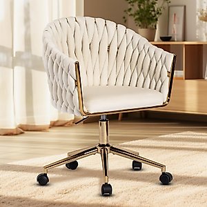 linting Velvet Office Desk Chairs Vanity Chairs with Gold Base Height Adjustable Mid Back Makeup Chairs with Wheels for Women, Hand-Woven Accent Chairs Armchair, Beige