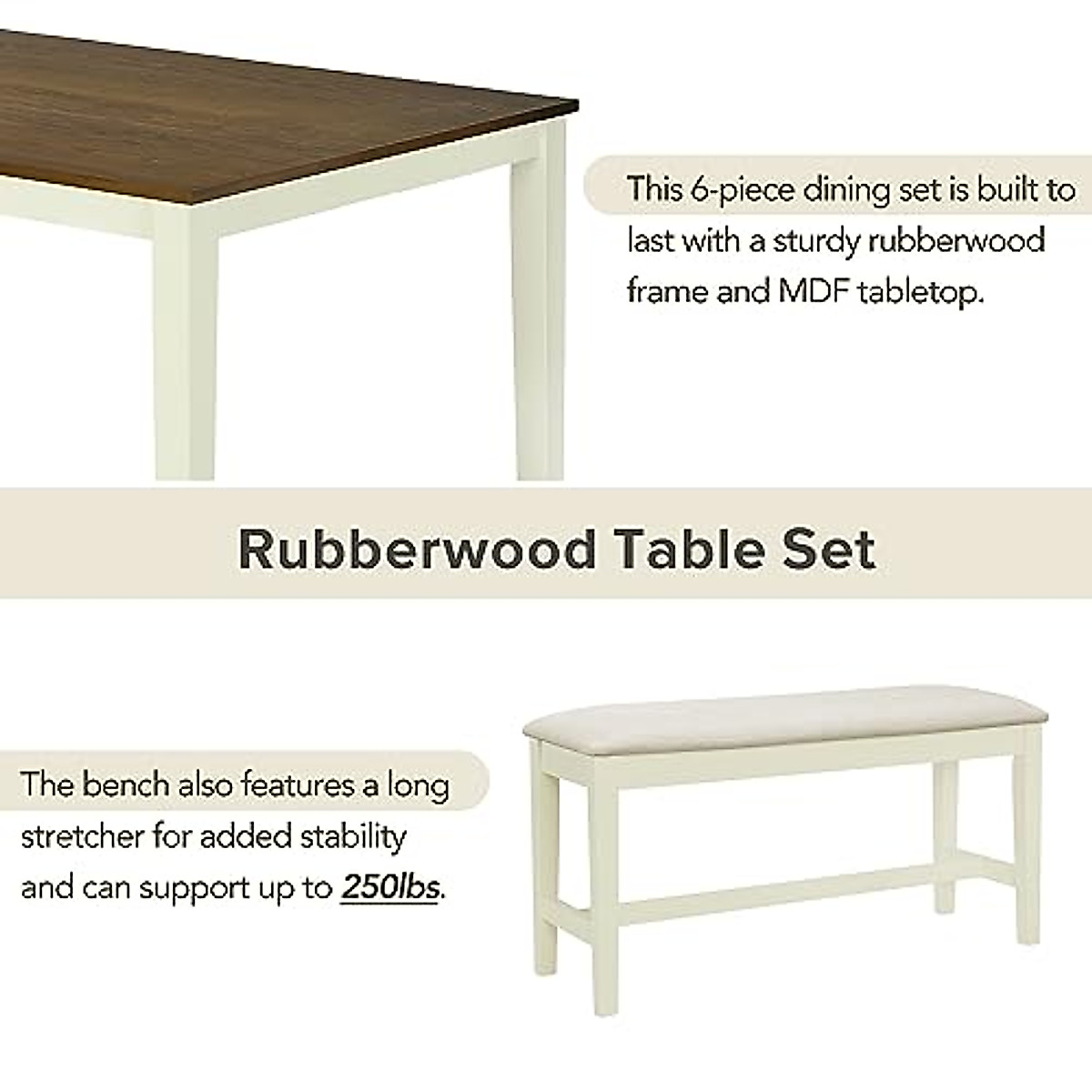 LUMISOL Rustic Solid Wood Dining Room Table Set for 6 Persons Farmhouse 6 Piece Kitchen Dining Table Set with 4 Chairs and 1 Bench Rectangular Dining Set for Living Room