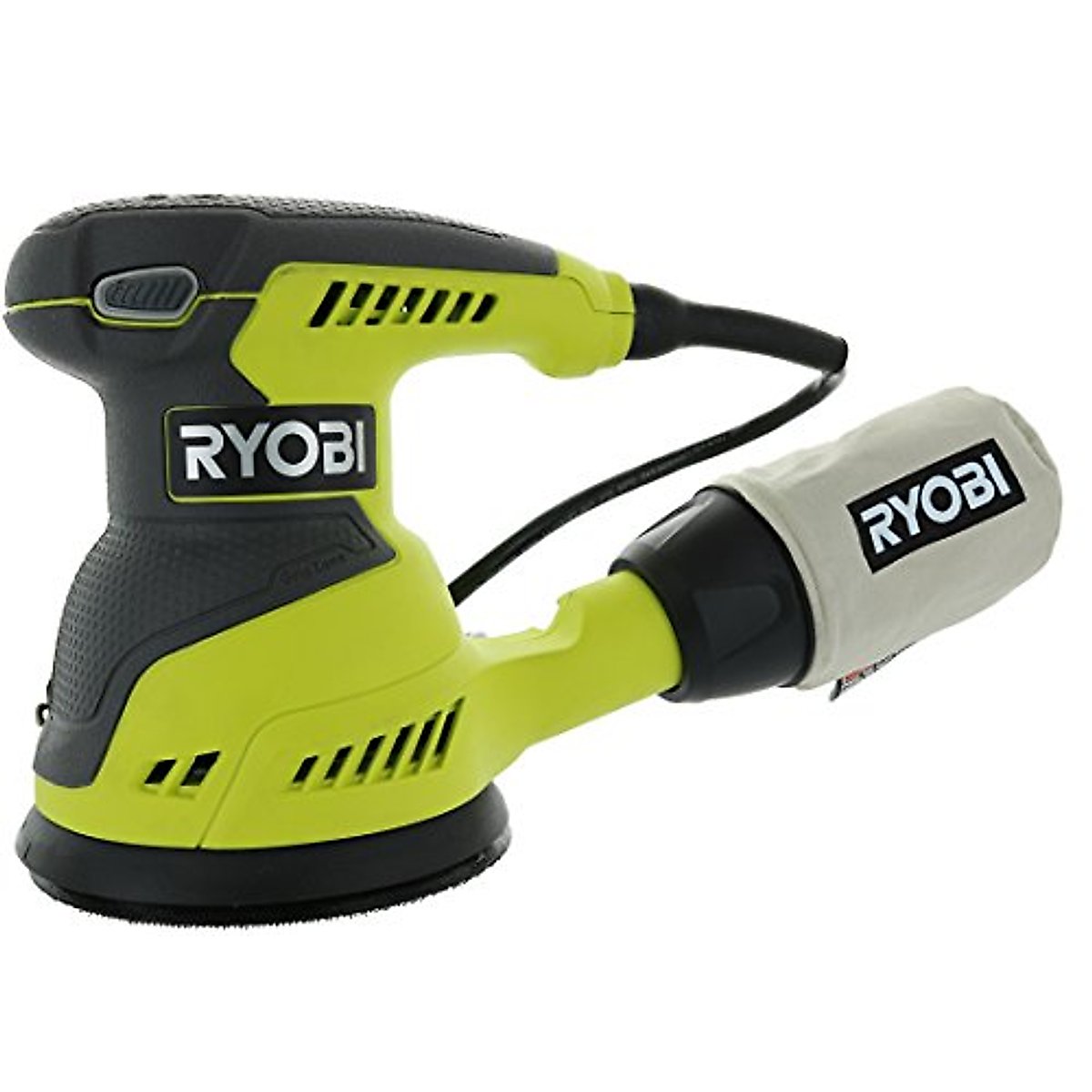 Ryobi RS290G 2.6 Amp 12,500 OPM Single Speed 5 Inch Hook and Loop Corded Random Orbit Sander w/ 3 Pads and Dust Bag