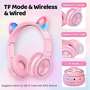 Picun Cat Ear Bluetooth Headphones 40 Hours Playtime with Romantic LED Light Up, Over Ear Girls Wireless Headphones with HD Mic, Foldable, Soft Memory Earmuff, for PC/Tablet/School Kids Adults - Pink