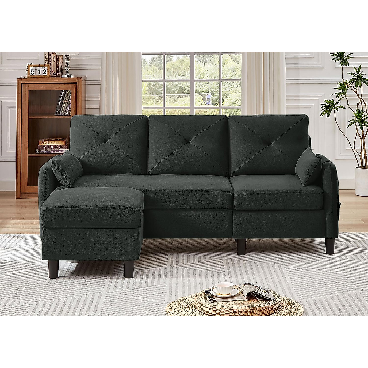 Tornama Convertible Sectional Sofa Couch 3 Seat L Shaped Sofa with Pillows, 77" Linen Fabric Small Couch with Reversible Chaise and Side Pockets for Living Room, Apartment and Office, Black