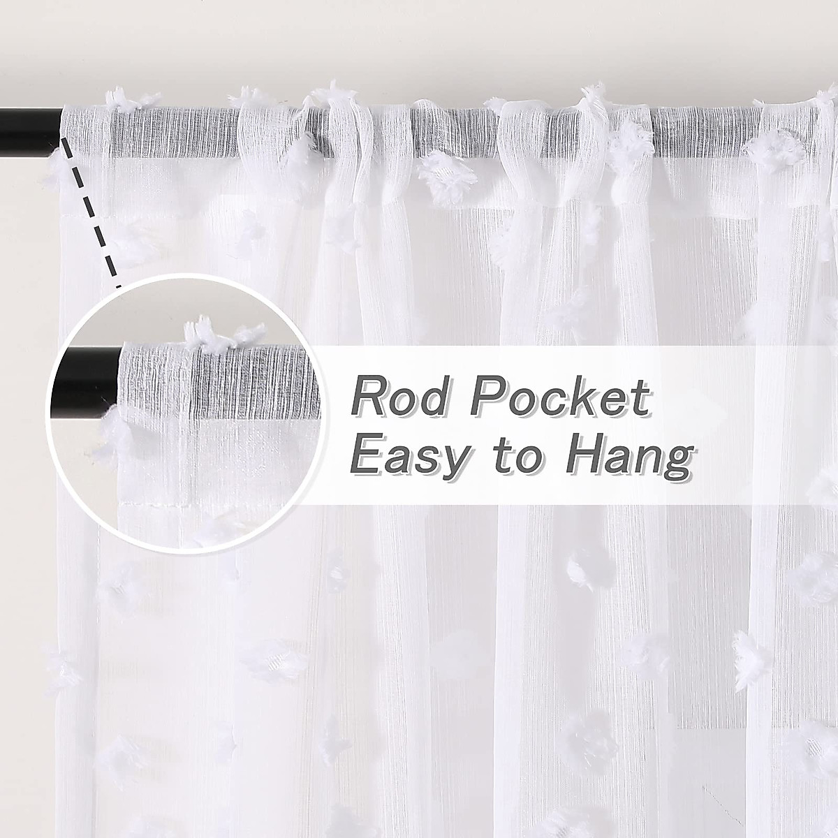 MYSKY HOME Pom Pom White Sheer Curtains for Bedroom Living Room Light Filtering Semi-Sheer Curtains for Nursery Girls Kids Room Rod Pocket Boho Voile Draperies White 52 x 63 inch 2 Panels