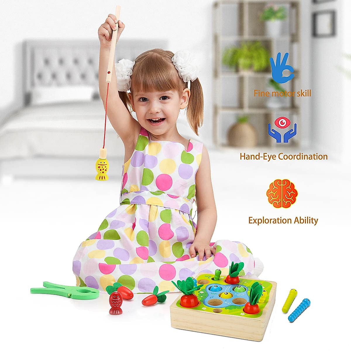 Celarlo Wooden Magnetic Fishing Game, Carrot Harvest Catching Worm Toy, Toddler Fine Motor Skills Toys, Montessori Preschool Learning 3 in 1 Fishing Sorting Toys Gift for Children Kids (Fishing Game)