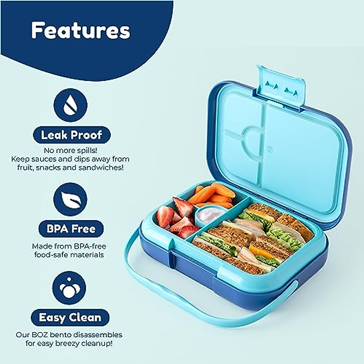 BOZ Bento Box for Kids - Kids Bento Lunch Box for Ages 3 to 7 – Toddler Lunch Box for Daycare – Leak Proof 4 Compartments Kids Lunch Container – Dishwasher Safe Kids Bento Box – Dinosaur Lunch Box