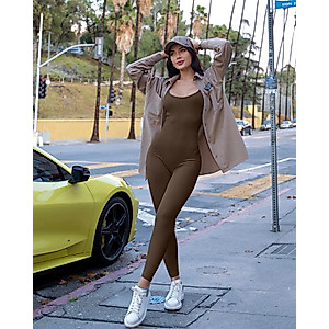 OQQ Women's Ribbed One Piece Tank Top Sleeveless Yoga Exercise Romper JumpSuit, Coffee, Medium