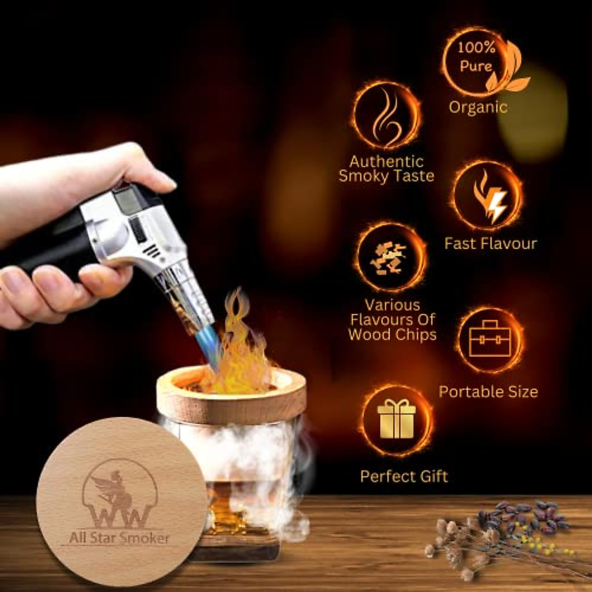 All Star Smoker Wooden Cocktail Smoker Kit with Torch - 8 Wood Chips for Smoker - Smoke Cocktail Kit - Drink Smoker for Whiskey - Bourbon Smoker Kit for Drinks - Old Fashioned Smoker Kit (No Butane)
