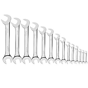 14-Piece Premium Angle Head Open End Wrench Set, Chrome Vanadium Steel | Include Standard Inch Sizes 3/8, 7/16, 1/2, 9/16, 5/8, 11/16, 3/4, 13/16, 7/8, 15/16, 1, 1-1/16, 1-1/8, 1-1/4 with Storage Rack