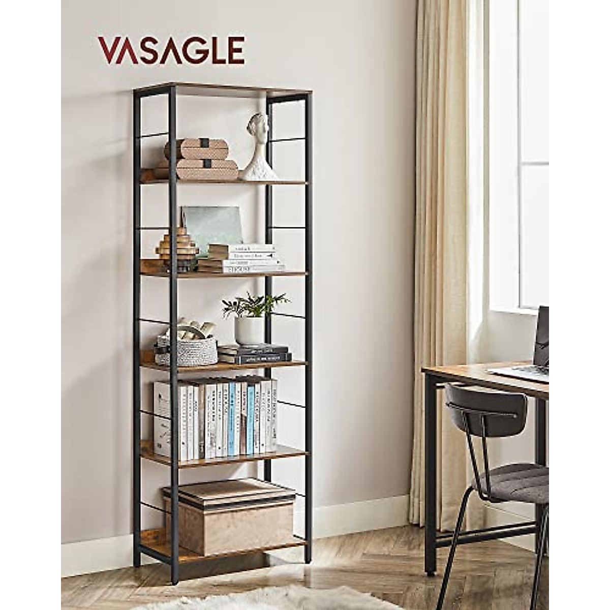 VASAGLE 6-Tier Bookshelf, Bookcase for Office, 11.8 x 23.6 x 70.1 Inches, Shelving Unit, with Back Panels, Industrial Style, for Living Room, Study, Home Office, Rustic Brown and Black ULLS118B01