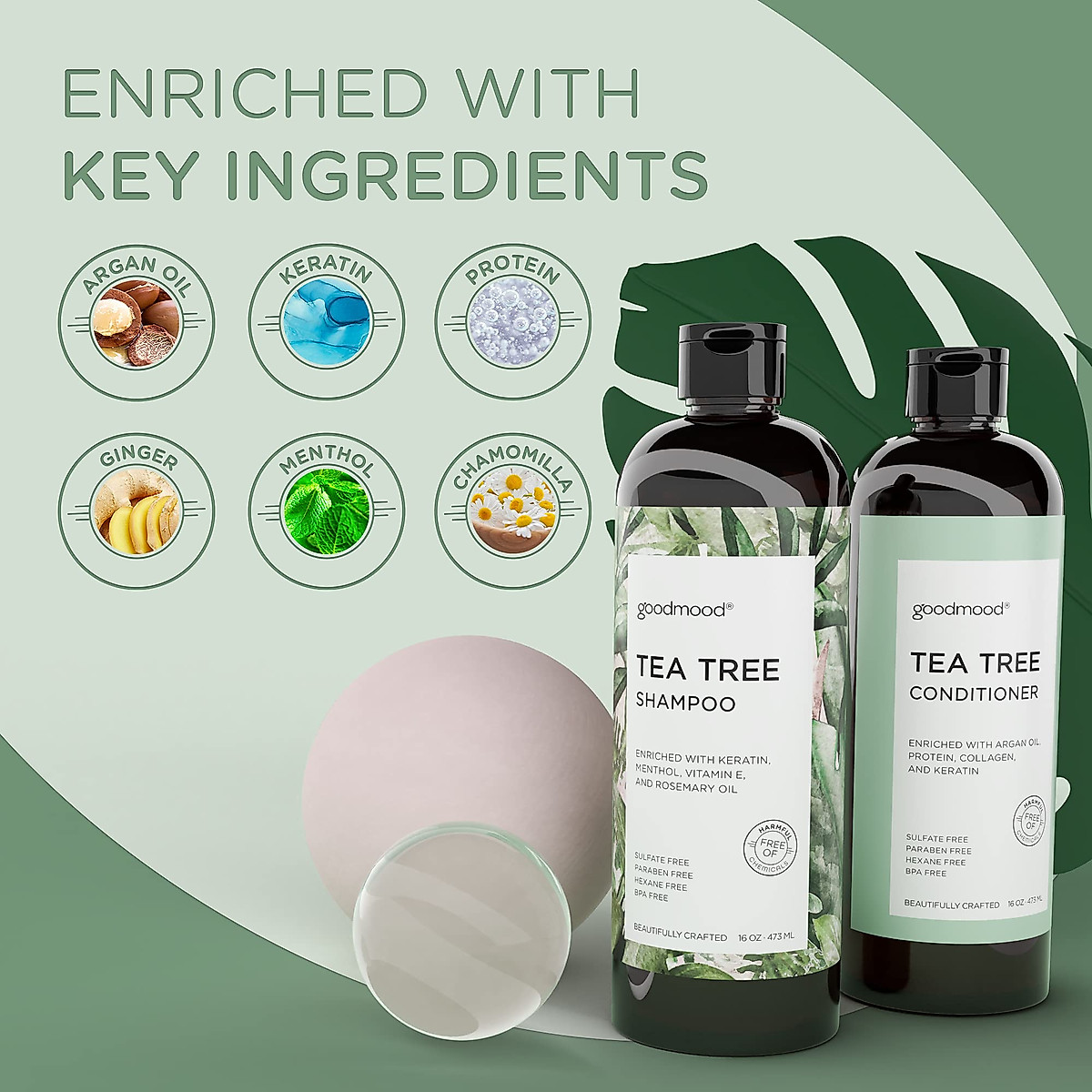 GoodMood Tea Tree Shampoo and Conditioner Set, Mint Shampoo enriched with Protein, Collagen & Silk, Treatment For Men and Women with DHT Blockers, Sulfate & Paraben Free 2x16oz