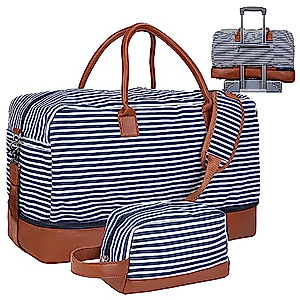 Inspack Duffle Bag with Shoe Compartment for Women/Men, 45L Gym Sports Bags with Trolley Sleeve, 22x14x9 Weekender/Carry on/Travel Tote/Duffel/Overnight Bags（Blue-White Stripe）