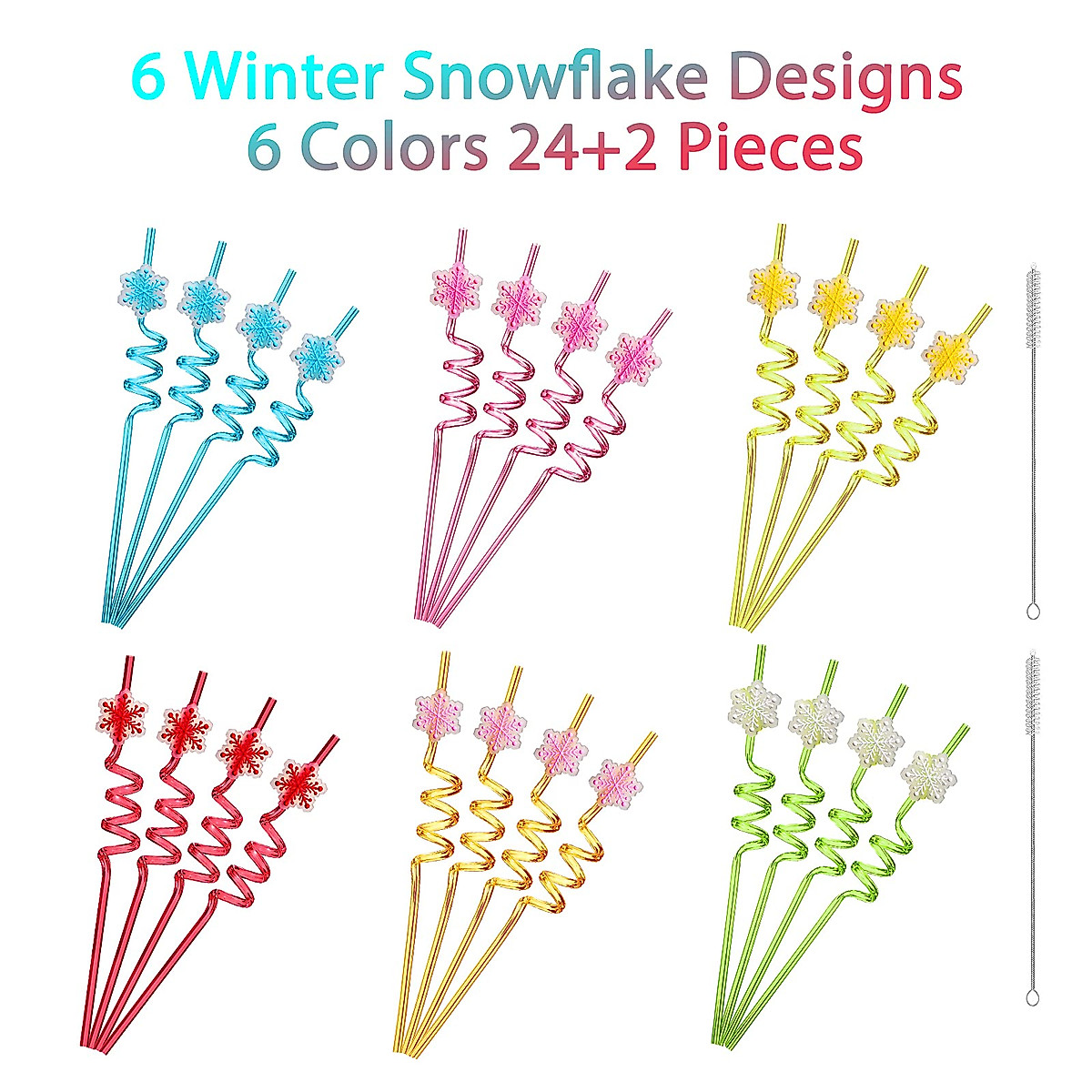 24 Reusable Snowflake Straws for Snowflake Winter Party Supplies Favors Wonderland Frozen Birthday - Christmas Gift with 2 Cleaning Brushes