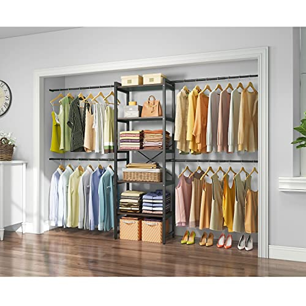Timate P6i Heavy Duty Garment Rack Clothes Rack Adjustable Walk in Closet Organizer System Wall Mounted Closet Organizer Kit Expandable Hanging Rod 5-Tier Closet Storage Shelves, Fit 6-9ft Space Black
