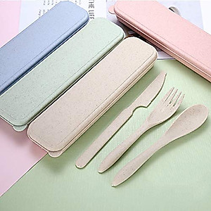 4 Sets Wheat Straw Cutlery,Portable Cutlery Spoon Knife Fork Tableware Set with Case for Adults Travel Picnic Camping Daily Use,Eco-Friendly BPA Free,4 Colors