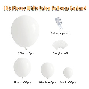 White Balloons Different Sizes, 106 Pieces White Balloon 18''+12''+10''+5'' Latex Balloon for Baby Shower, Wedding, Birthday Party Balloons