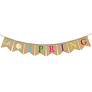 Hello Spring Banner Burlap - Rustic Spring Banner Garland - Spring Decorations - Indoor Outdoor Mantel Fireplace Hanging Decor