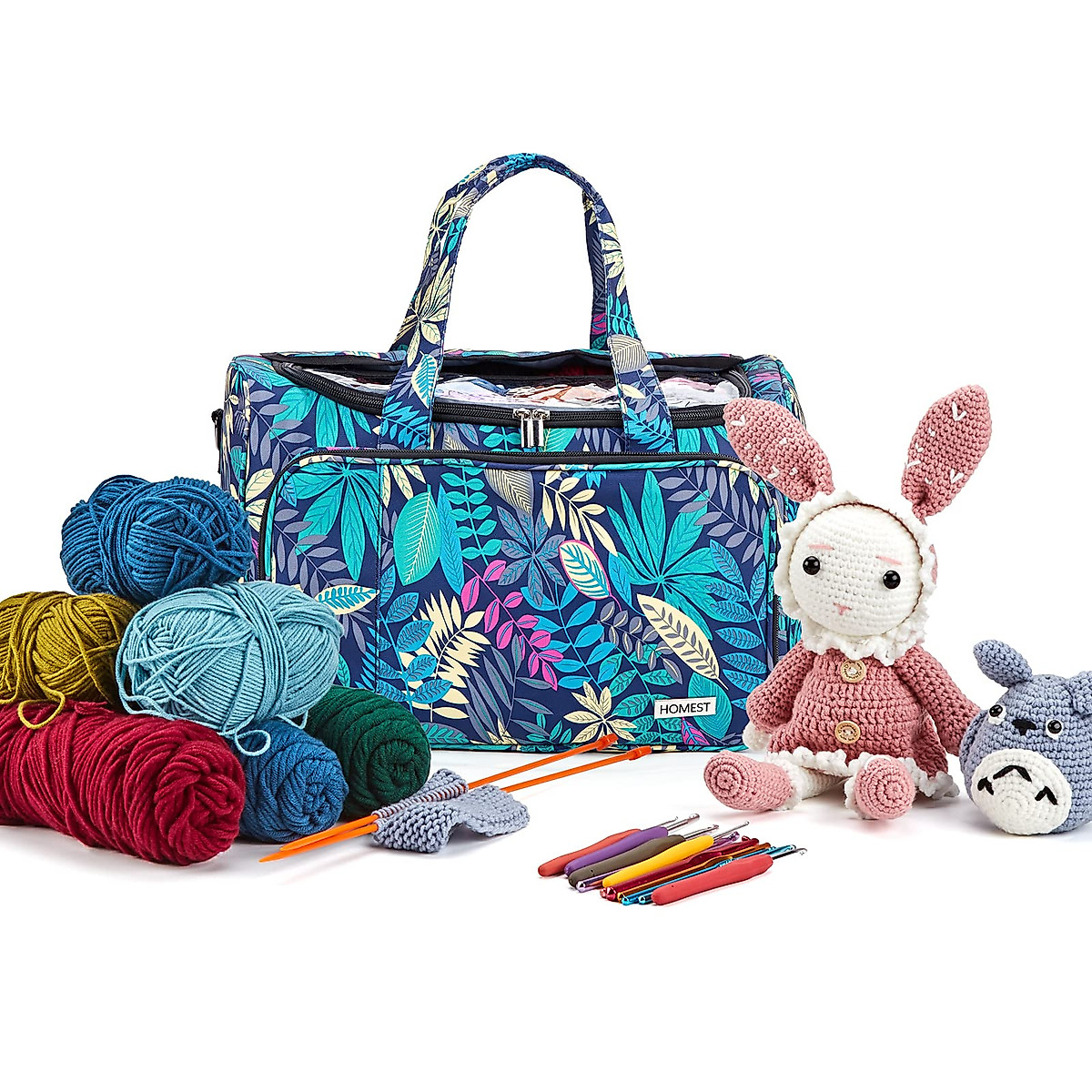 HOMEST Yarn Storage Bag, Knitting Tote with Removable Inner Dividers, Floral