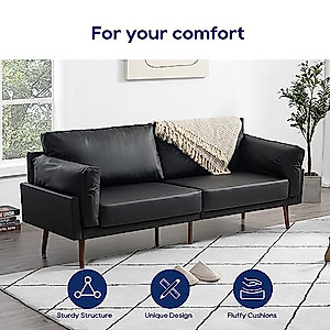Vonanda Black Upholstered Sofa, Faux Leather Sofa Couch, 72 Inch Black Couch for Living Room, Mid Century Modern Sofa, Office couch for small space, Apartment sofa, Condo, Loft, Bungalow, House, Black
