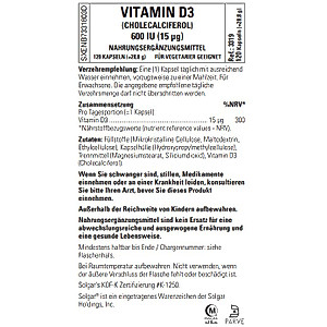 Solgar Vitamin D3 (Cholecalciferol) 15 mcg (600 IU), 120 Vegetable Capsules - Helps Maintain Healthy Bones & Teeth - Immune Support - Non-GMO, Gluten Free, Dairy Free, Kosher, Halal - 120 Servings