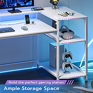 SEDETA White Gaming Desk 70.8'' with LED Lights and Storage Shelves, Computer Desk with Monitor Stand, Power Outlets and Cup Holder, Large PC Gamer Desk, Gaming Table for Bedroom, Living Room