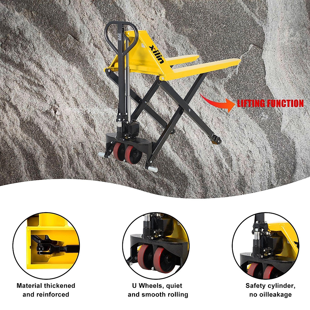 Xilin Manual Pallet Jack High Lift Hand Pallet Truck 2200lbs Capacity 3.3" Lowered 45" Lx21“W 31.5 Lift Height Suitable for EU Pallets JF-520