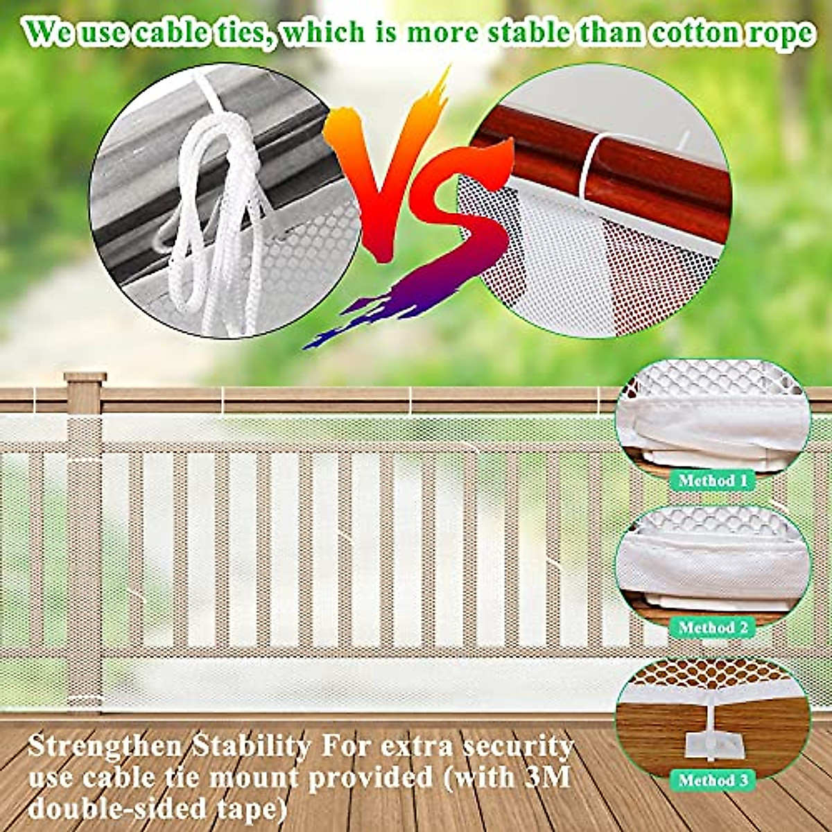 Child Safety Net, Durable Banister Guard for Baby Safety Stairs Railing Balcony Cribs, Banister Stair Mesh Baby Proofing, Easy to Install Stair Netting for Kids, Pets, Toys - (10ft Lx2.5ft H) White