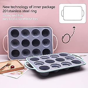 IKOJING Muffin Pan Silicone Baking Pan, Muffin Tin, 12-Cavity Cupcake Chocolate Silicone Mold, Non-Stick Baking Cup, BPA Free, Dishwasher Safe, 201 Stainless Steel Inside, No Deformation (Pink)