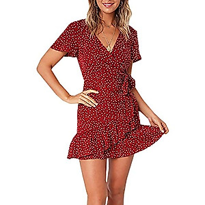 Women's Summer Short Sleeve Wrap Dress Polka Dot Floral Print V Neck Waisted Layer Ruffle Hem Mini Dresses (Red, Medium)
