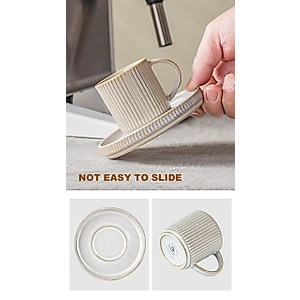 famiware Star Espresso Cups and Saucers Set of 4, [ Mini ] 3 oz Ceramic Small Coffee Mug with Handle, Ribbed Stoneware Demitasse Cup for Tea, Latte - Microwave & Dishwasher Safe - Cappuccino White