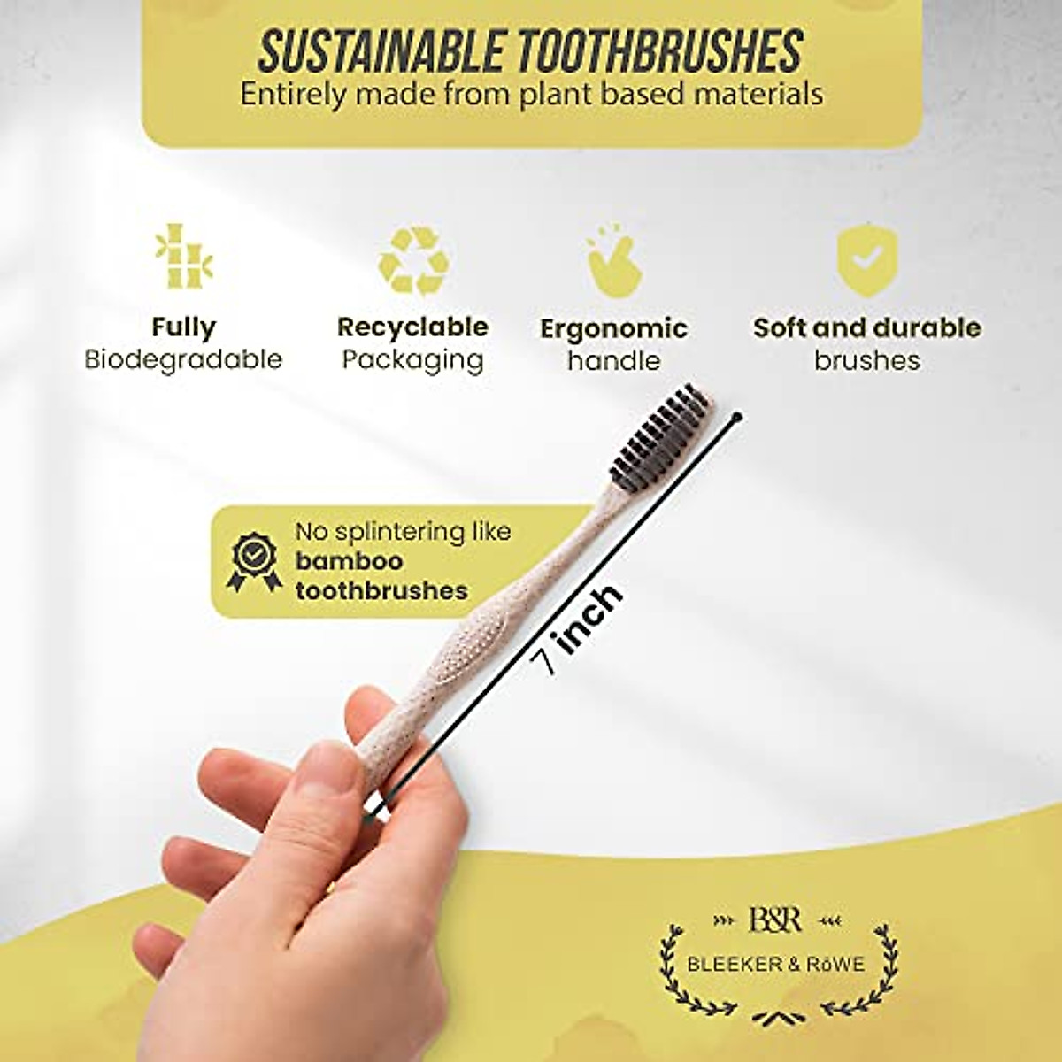 Bleeker and Rowe Biodegradable Eco-Friendly Toothbrushes - Individually Sealed - BPA Free Soft Bristles - Sustainable - Recycled Packaging (Pack of 10)
