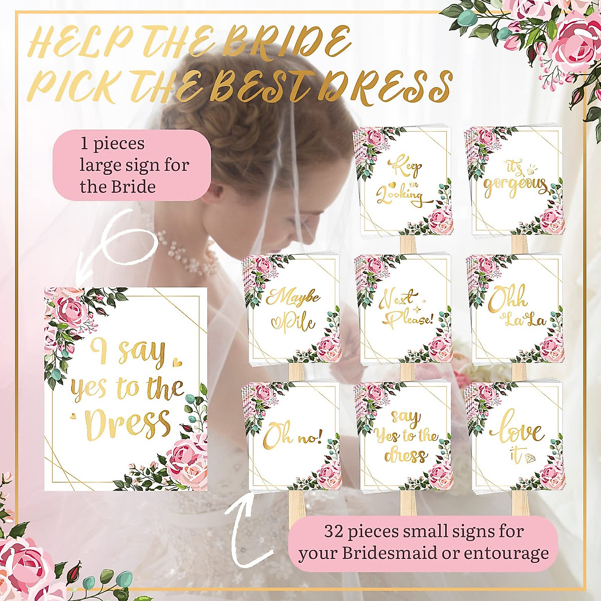 33 Pieces Say Yes to the Dress Signs Paddles Wedding Dress Shopping Signs with Wood Sticks and Double Side Tape for Bridesmaids and Brides Bachelorette Party Games Gifts