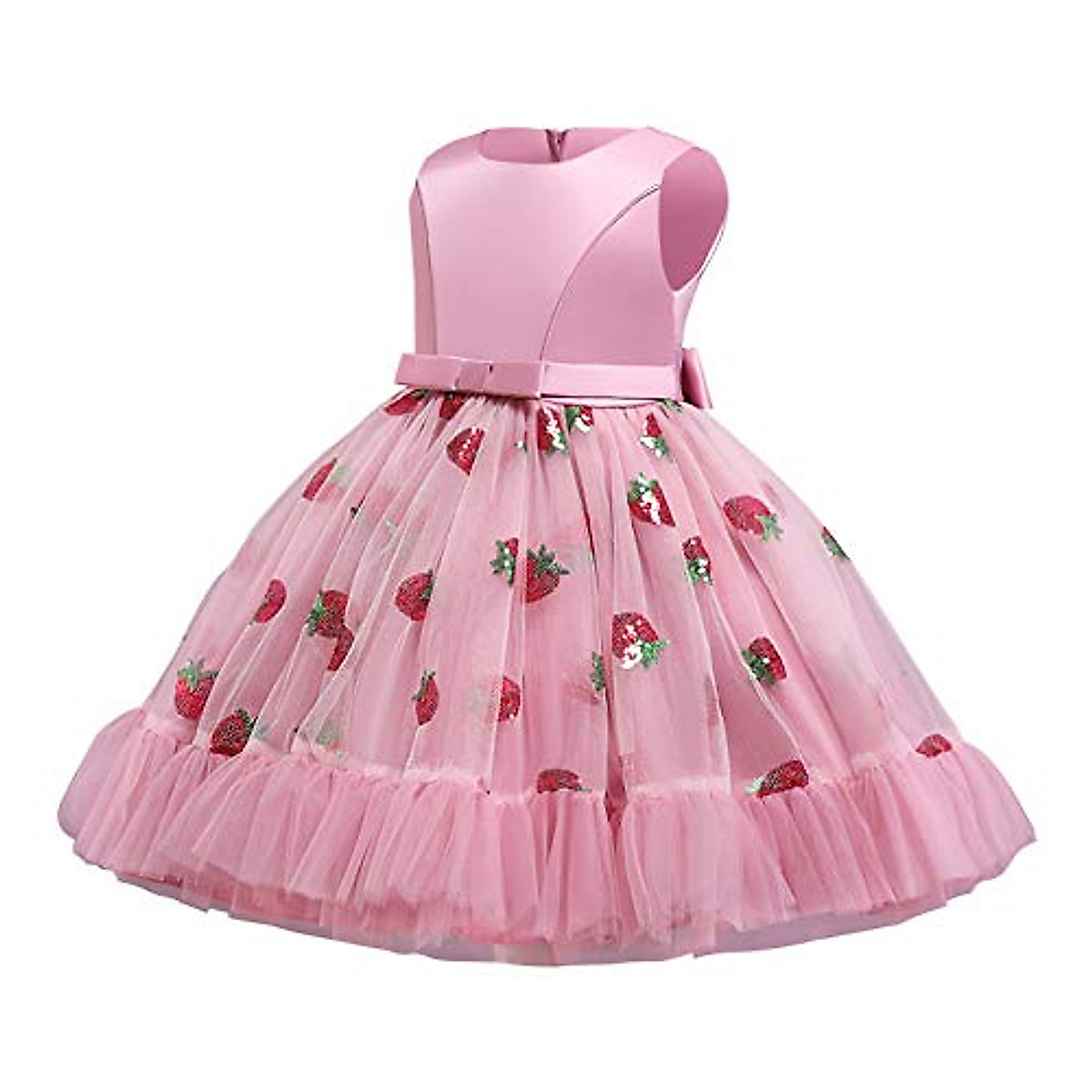 Baby Girls Sleeveless Floral Lace Shiny Strawberry Embroidery Princess Bridesmaid Dress for Baby Flower Ruffles Tulle Communion Baptism Holiday Dance Evening Short Gown Bean Pink 5-6X