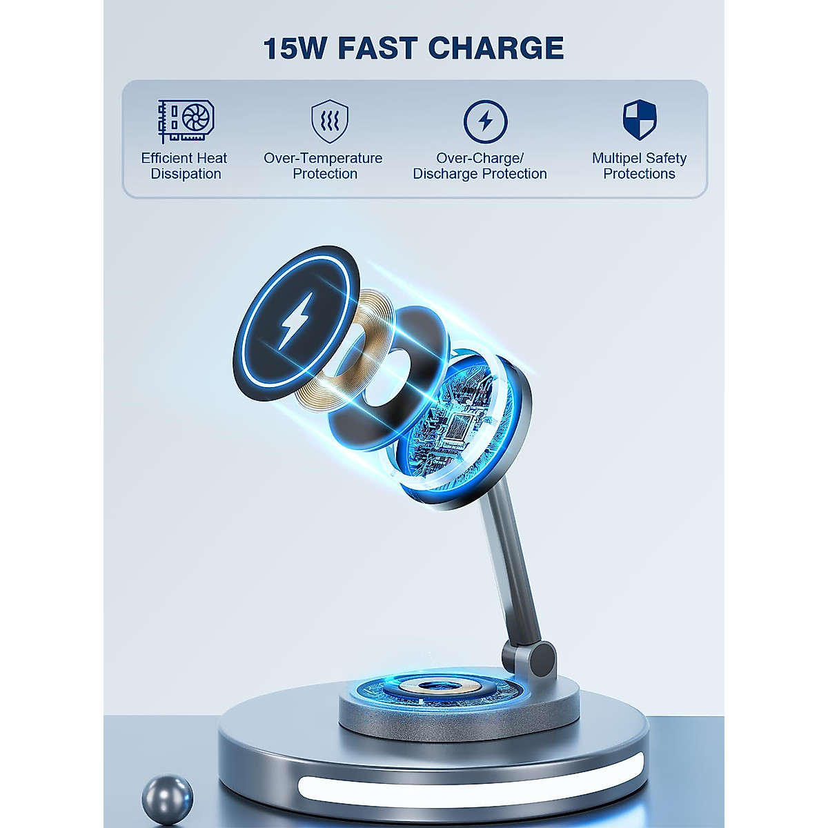 2 in 1 Foldable Magnetic Wireless Charger, 15W Fast Charging Mag-Safe Charger Stand for iPhone 15/14/13/12 Series, Portable Wireless Charging Station for AirPods 3/Pro/2 (with QC3.0 Adapter)