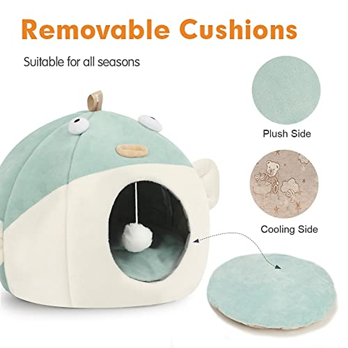 Vanansa Cat Bed for Indoor Cats, Large Covered Cat Bed with Anti-Scratch Lining, Ultra Soft Cat Hideaway, Cute Cat House with Hanging Toy, Pet Bed for Large Cats, Puppy Dog 9-13LB (Green L, 18" x 15")