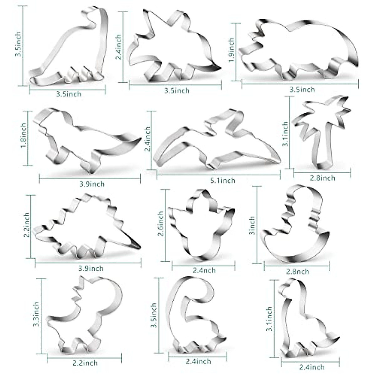 Dinosaur Cookie Cutters Set of 12, Steel Metal Dinosaur Theme Shapes Baking Mold for Kids Birthday Party Supplies, Footprint, Dinosaur Eggs,Brontosaurus, Camarasaurus, Stegosaurus, Thiceratops