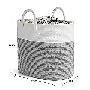 INDRESSME Tall Laundry Hamper with Handles, Cotton Rope Basket for Blankets Toys Yoga Mat, Dirty Clothes Basket Hampers for Bedroom or Laundry, 19.7 x 11.8 x 16.9 inches, Gray