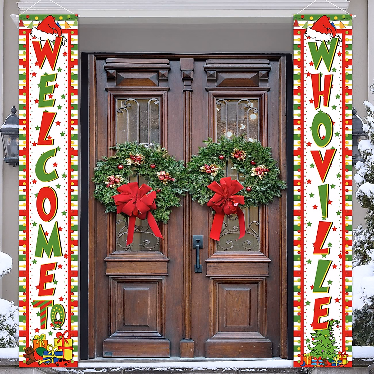 Whoville Christmas Decorations Christmas Porch Sign- Welcome To Whoville Christmas Door Decorations Hanging Banner Backdrop Outdoor Grinchmas Xmas Eve Holiday Party Supplies 2Pcs