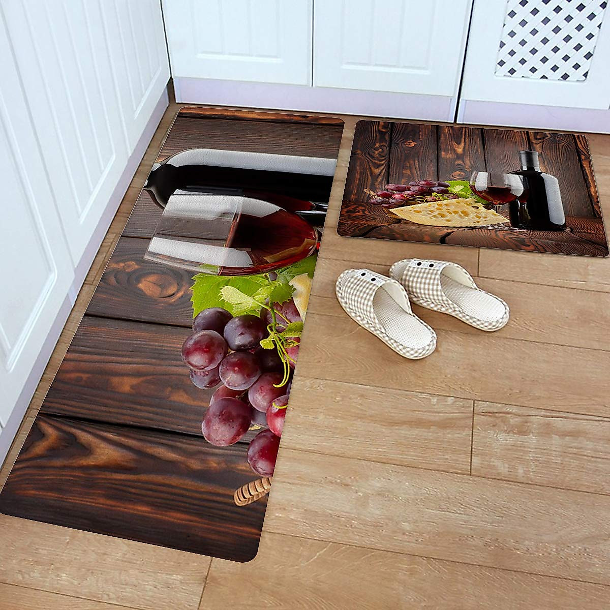 Kitchen Rug Set 2 Piece, Wine Kitchen Floor Mats Waterproof & Non-Slip PVC Leather Anti Fatigue Comfort Standing Mat Washable Kitchen Rugs Runner, Red Wine Grape Cheese Brown Vintage Wood Grain