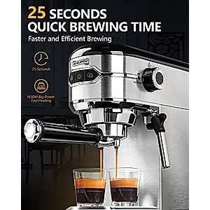 MICHELANGELO Stainless Steel Espresso Coffee Machine with Milk Frother, Small Coffee Maker for Home, 15 Bar - Cappuccino, Latte