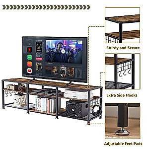 VECELO TV Stand for Televisions up to 75 Inch, Industrial Entertainment Center with 3-Tier Open Storage Shelves& Hooks for Living, Bedroom and Gaming Room, 70 Inch, Brown
