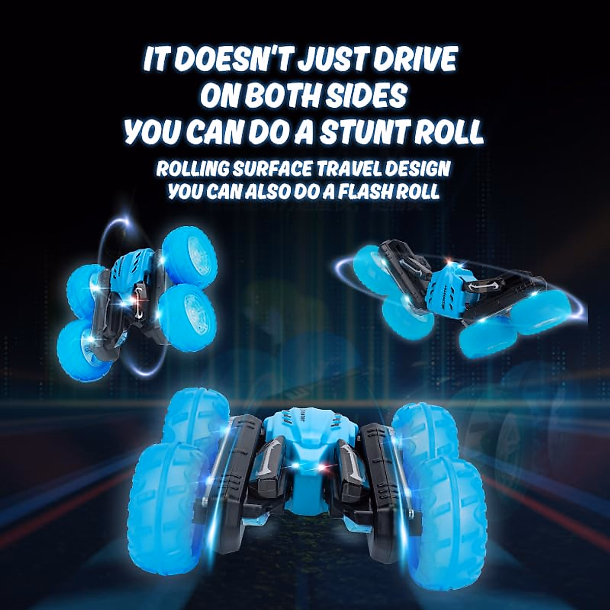 Obsiusfb RC Stunt Car for Kids with Wheel Lights and Headlights, 2.4GHz Double Sided 360° Rotating RC Car, High Speed Rechargeable Remote Control Crawler for Boys & Girls (Blue)