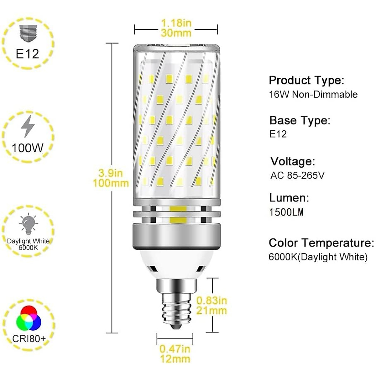 inShareplus E12 LED Bulbs, 16W Candelabra Light Bulbs, Daylight 6000K, 120W Equivalent 1500LM, CRI80+, E12 Base LED Chandelier Bulbs, Non-Dimmable LED Lamp, 6Pack