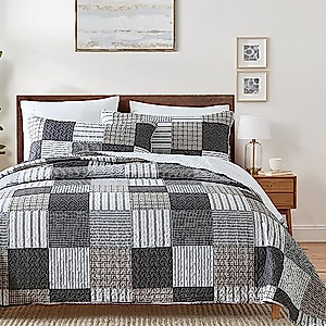 HIARUO Quilt Set Queen Size, 3 Pieces Bedspread Coverlet Plaid Patchwork Quilt Farmhouse Queen Size Comforter Set Lightweight Bedding with 2 Pillow Covers Shams for All Season Gray Brown White