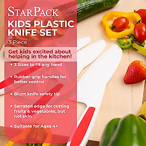StarPack Kids Knife Set of 3 - Toddler Knife Set for Real Cooking - Montessori Knife for 2+ Year Olds - BPA-Free Nylon Knife For Kids - Serrated Edges