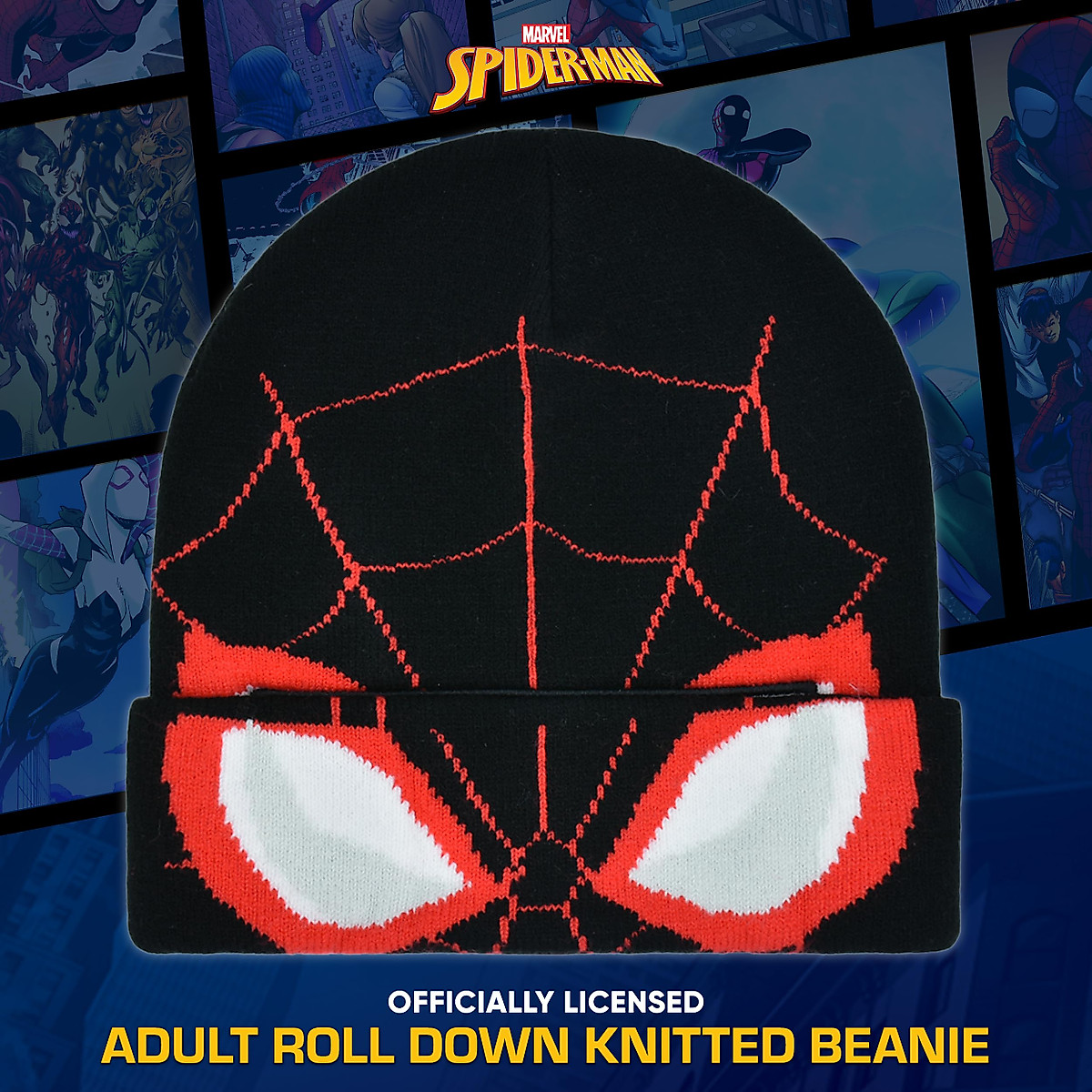 Marvel Spider-Man Miles Morales Roll Down Cuff Beanie Hat, Knitted Winter Skull Cap, Black/Red, One Size